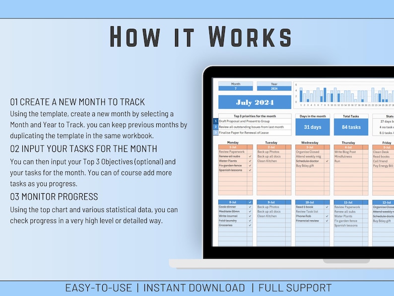 Excel Monthly To-do List, Task List Template, Monthly Planner, Yearly ...