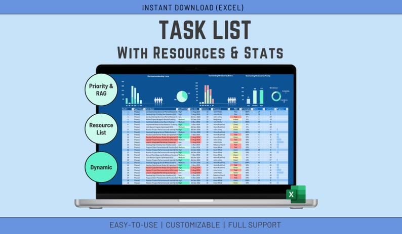 All-in-one Excel Task Tracker Template | Automated RAG Status | Resource Charts | Priority ...