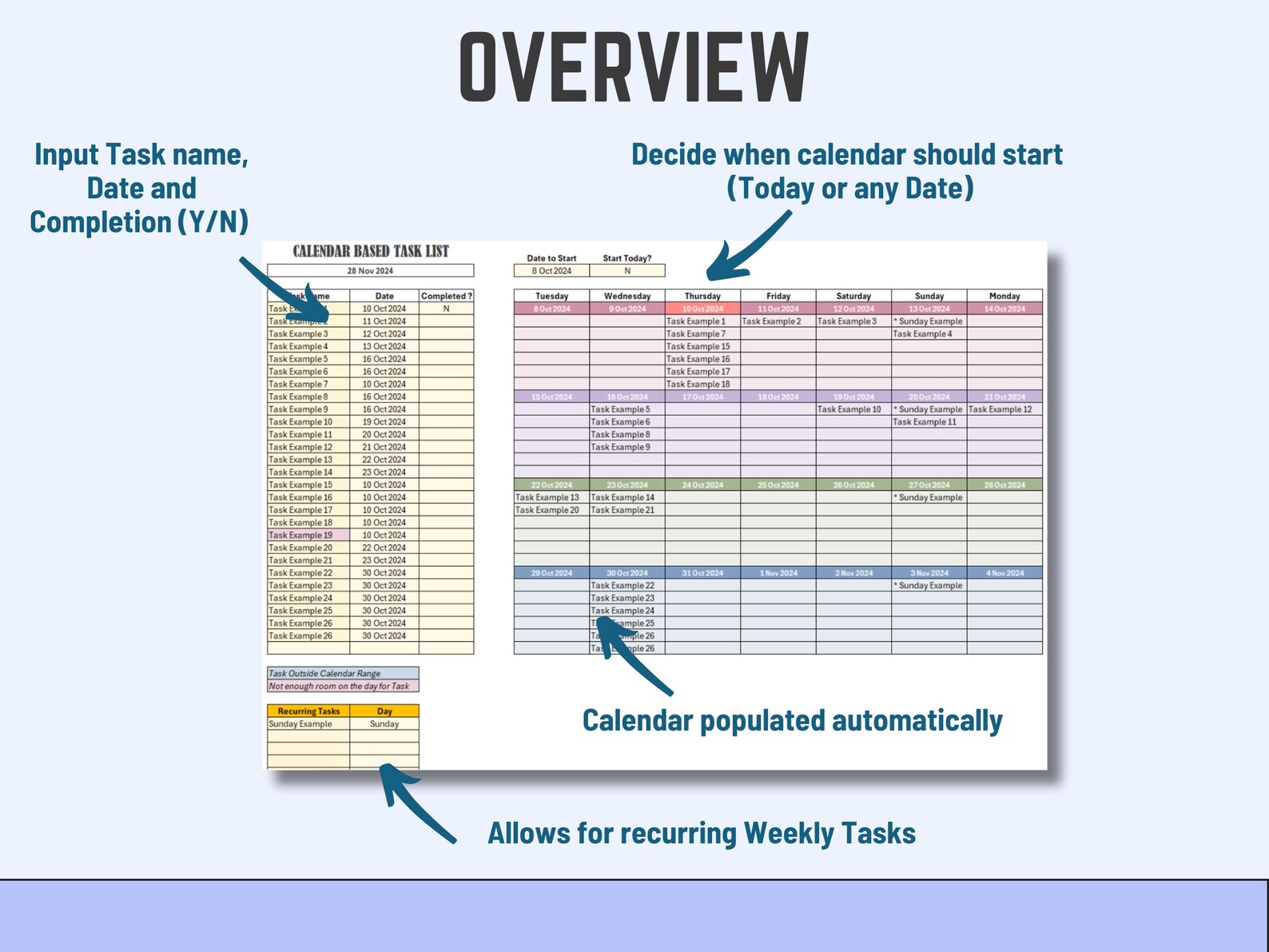 Excel Calendar Based Task List, Task Management Automated, Download Template, Task Tracker and ...