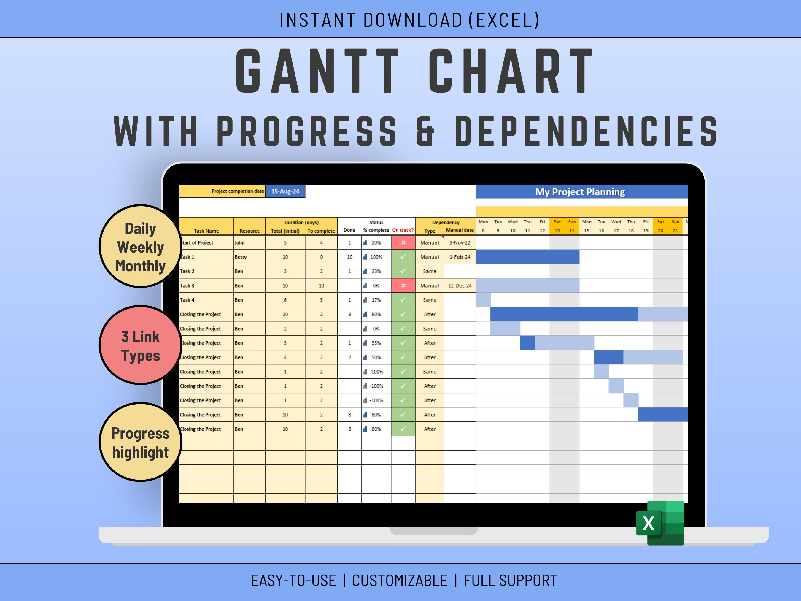 Excel Gantt Chart Template: Project Management & Task Tracking (instant ...