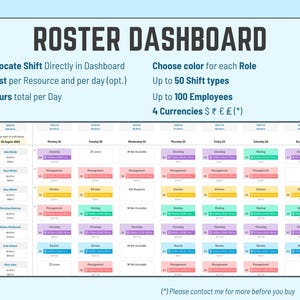 Excel Roster Management Template: Shifts, Employee List and Cost/rates ...