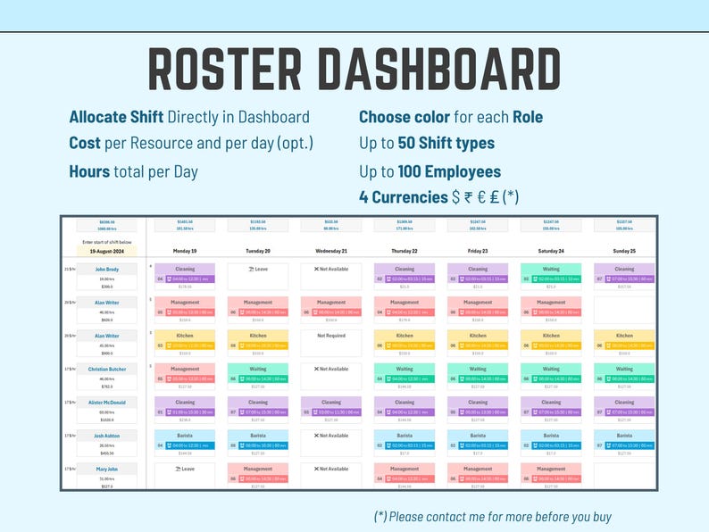 Excel Roster Management Template: Shifts, Employee List and Cost/rates ...