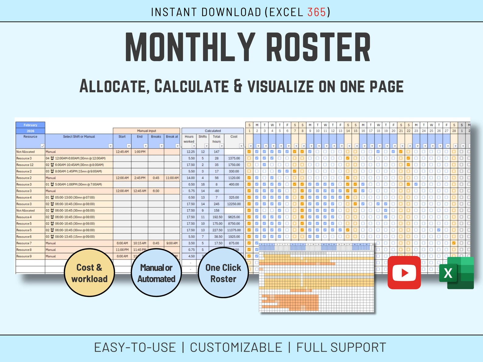 Monthly Excel Roster Template: Employee Shift Schedule (excel 365 ...