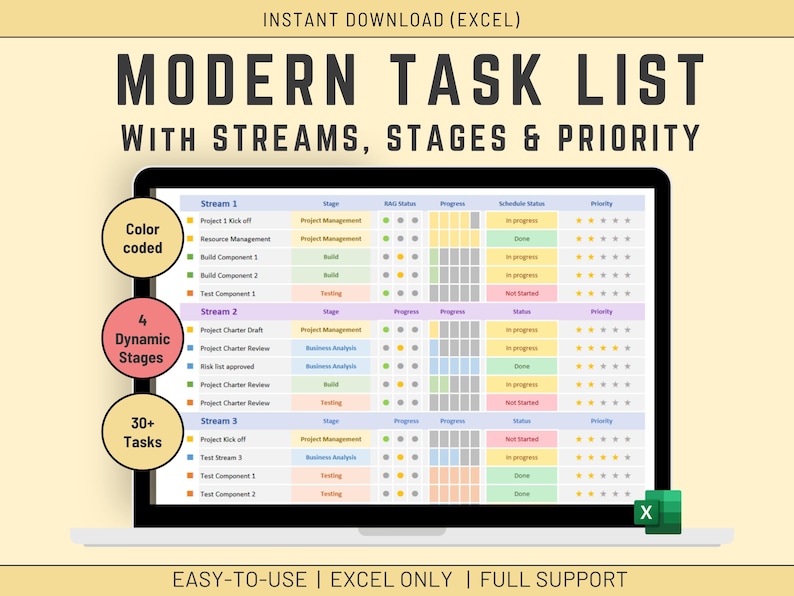 Excel Dashboard With Tasks, Stages and Streams, IT Status Dashboard ...