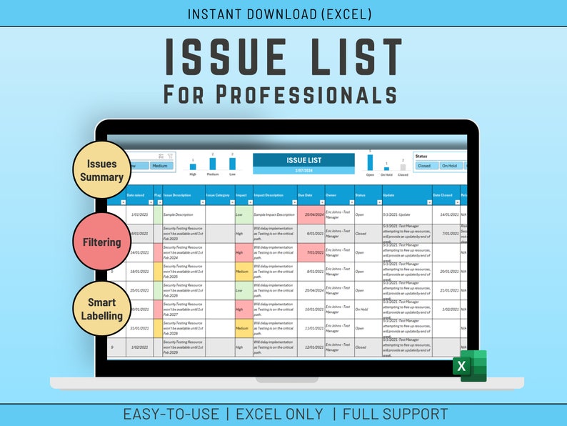Issue List in Excel | Digital Download | Issue Tracker | Issue Log ...