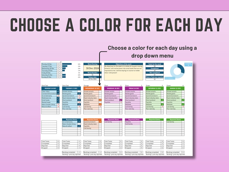 Weekly To-do List With Automated Backlog in Excel Template | Color ...