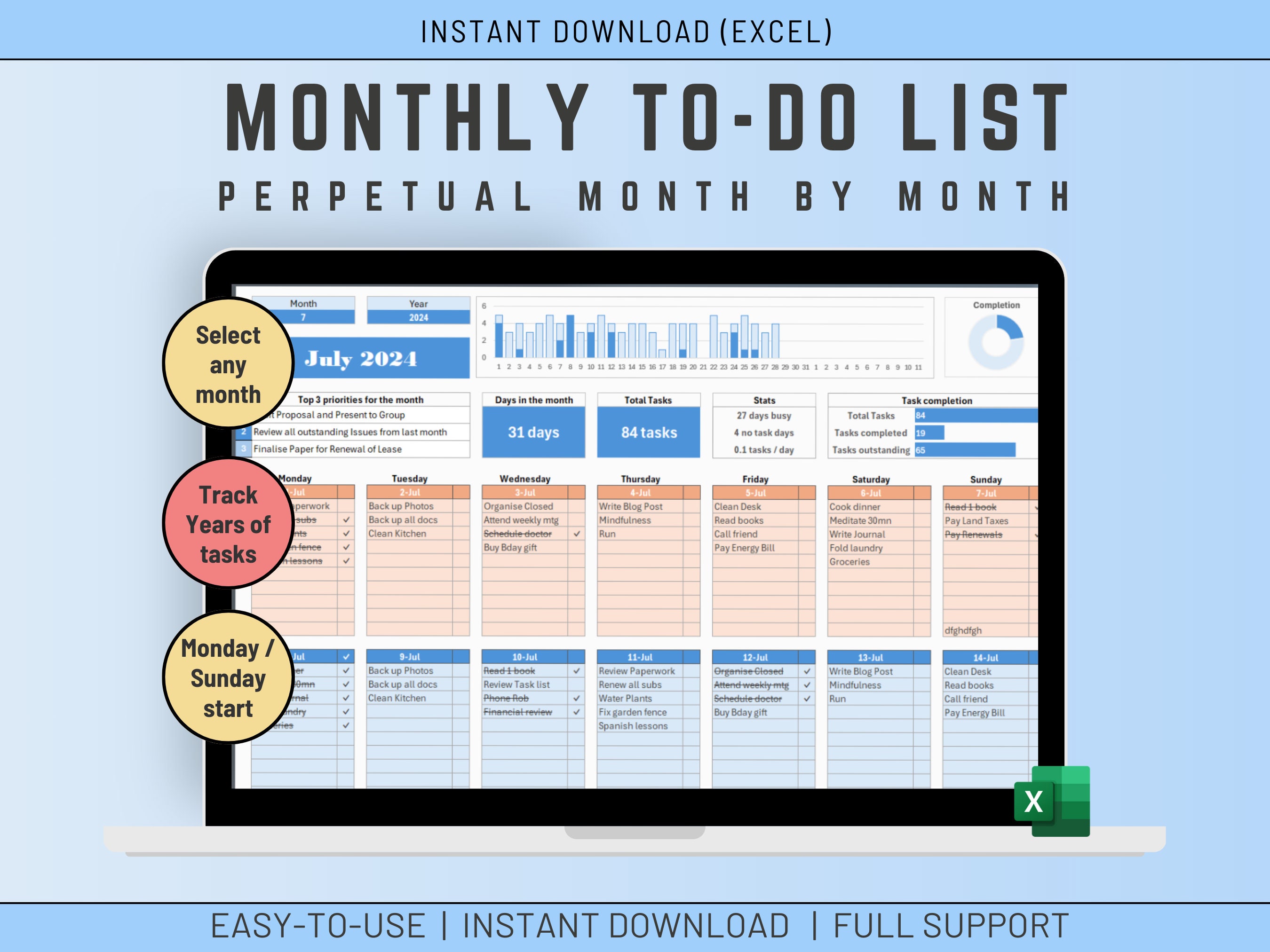 Excel Monthly To-do List, Task List Template, Monthly Planner, Yearly ...