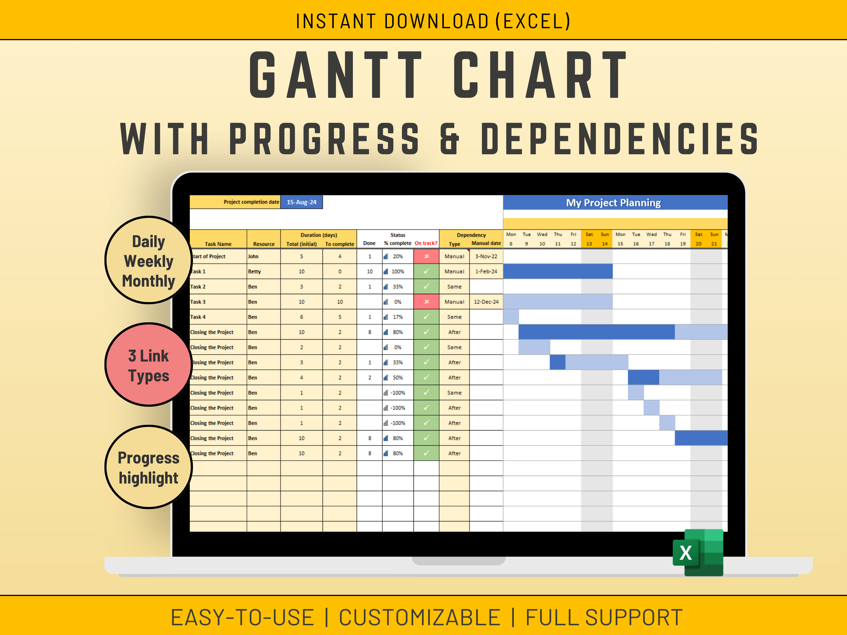 Excel Gantt Chart: Project Management Task Tracker (digital Download ...