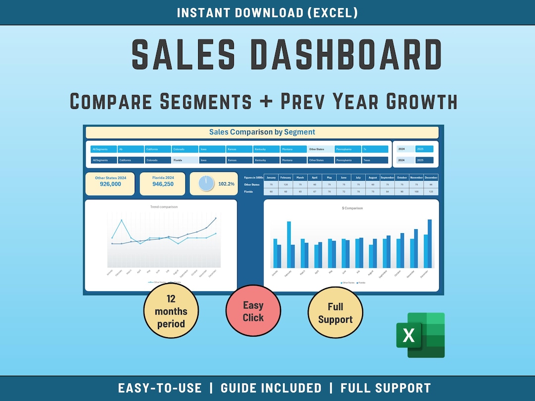 Excel Sales Data Dashboard: Year Segment Comparison, Instant Download ...