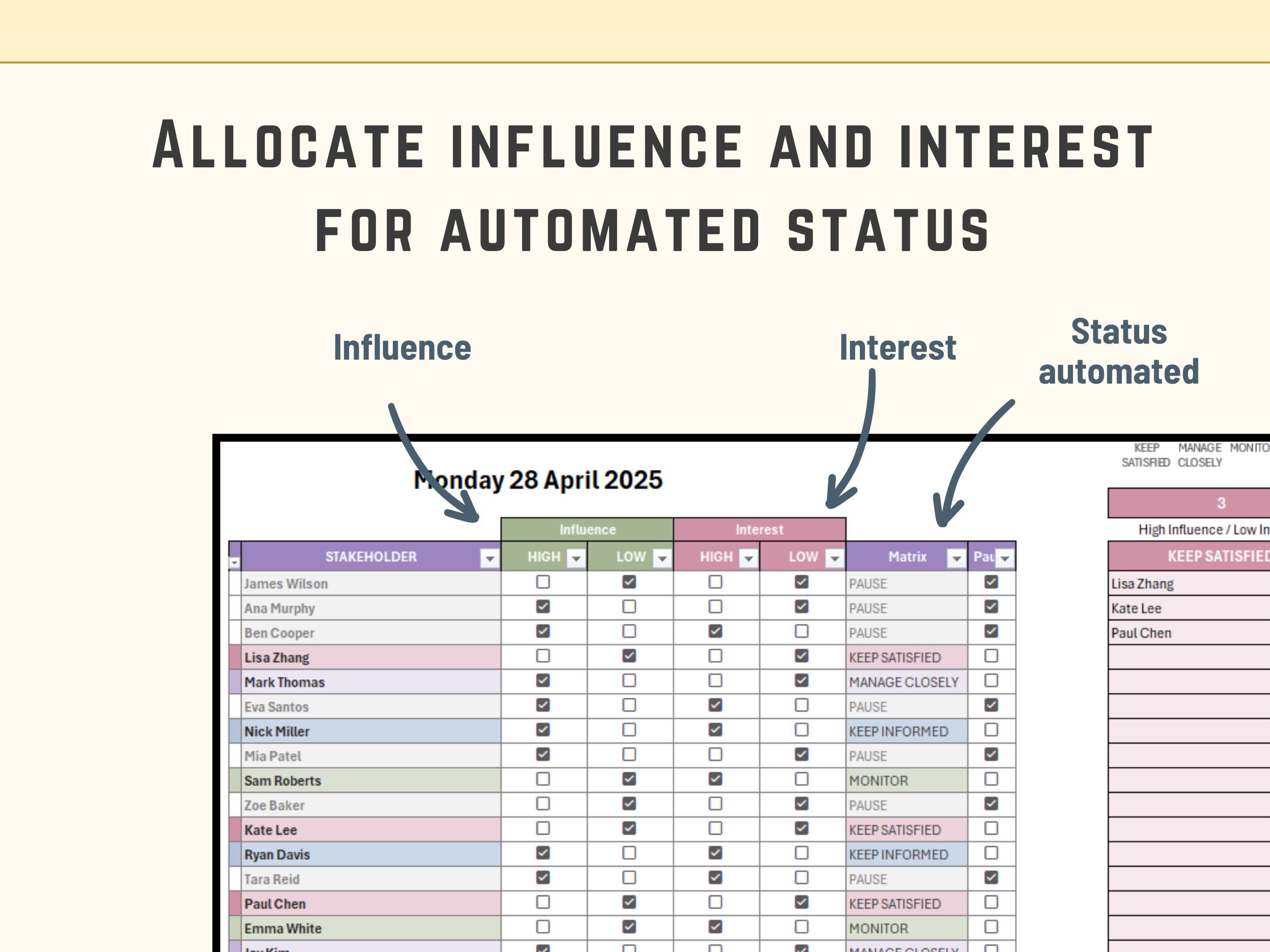 Excel Stakeholder Management Matrix, Interest and Influence, Template ...