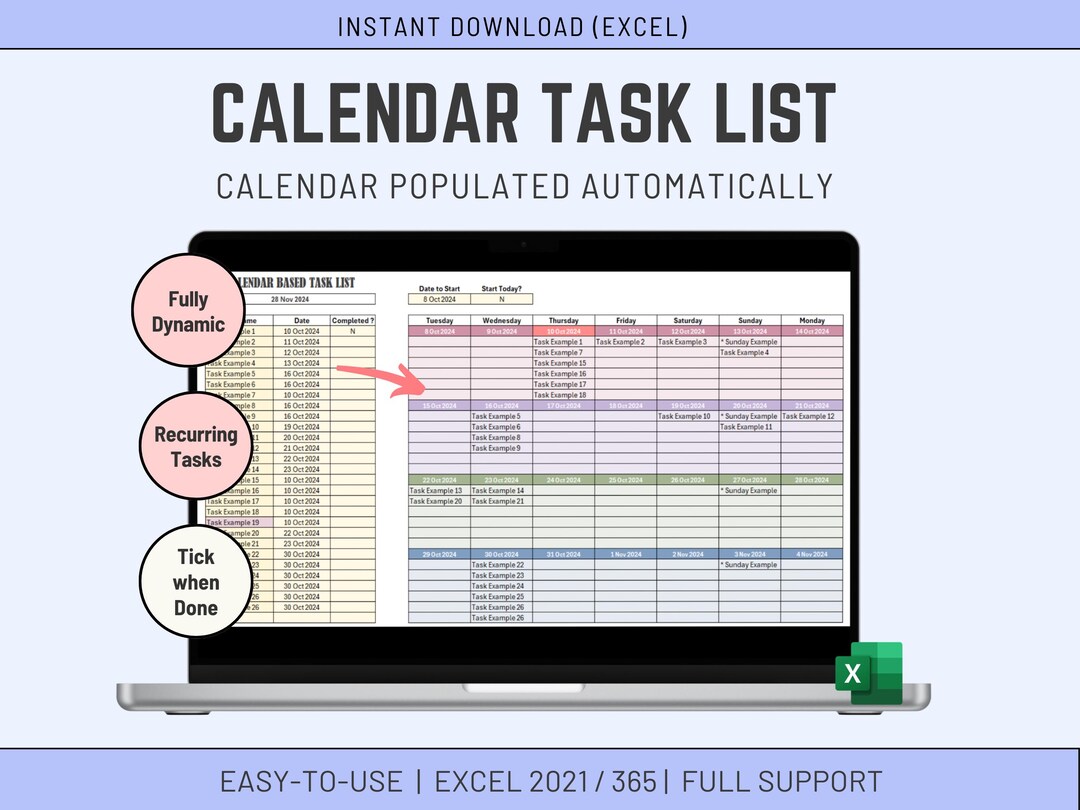 Excel Calendar Task List: Automated Task Management (download Template ...