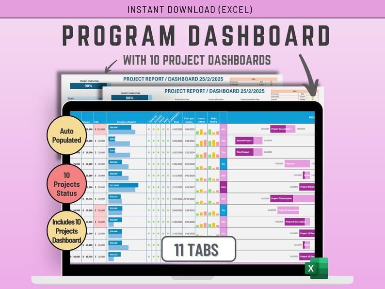 Excel Program & Project Dashboard: Consolidate 10 Projects (digital ...