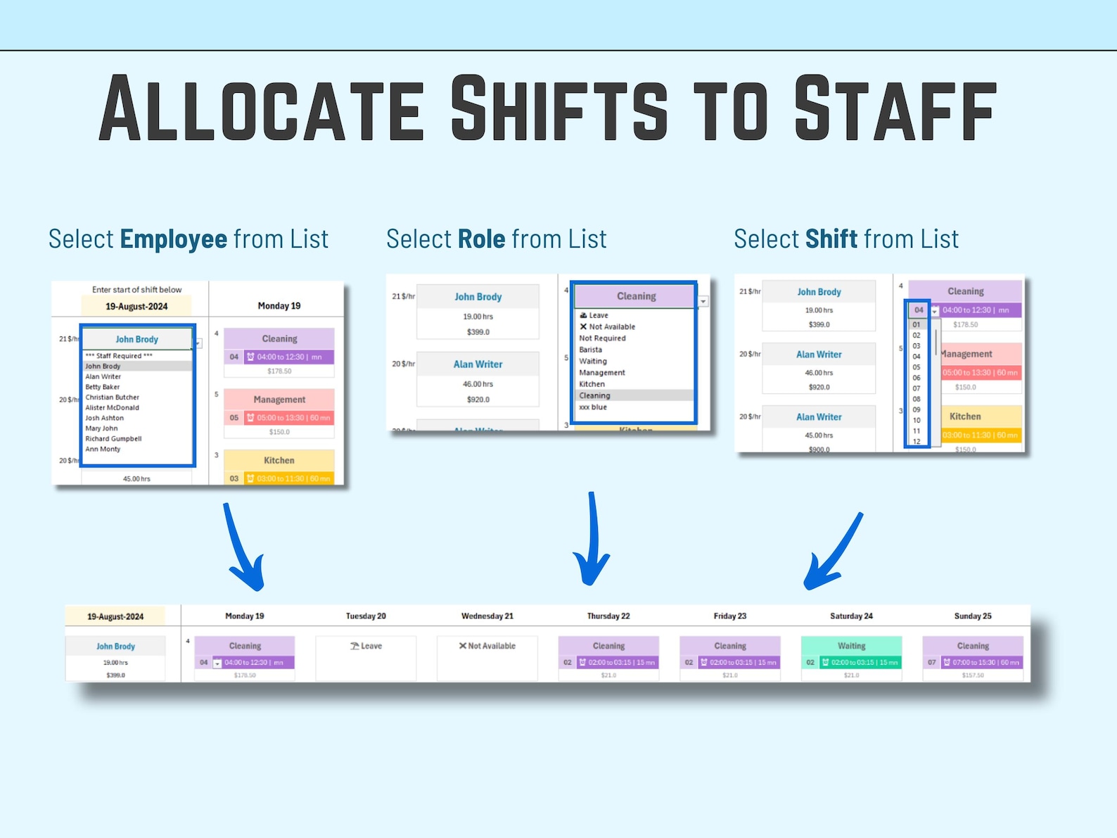 Excel Roster Management Template: Shifts, Employee List and Cost/rates ...