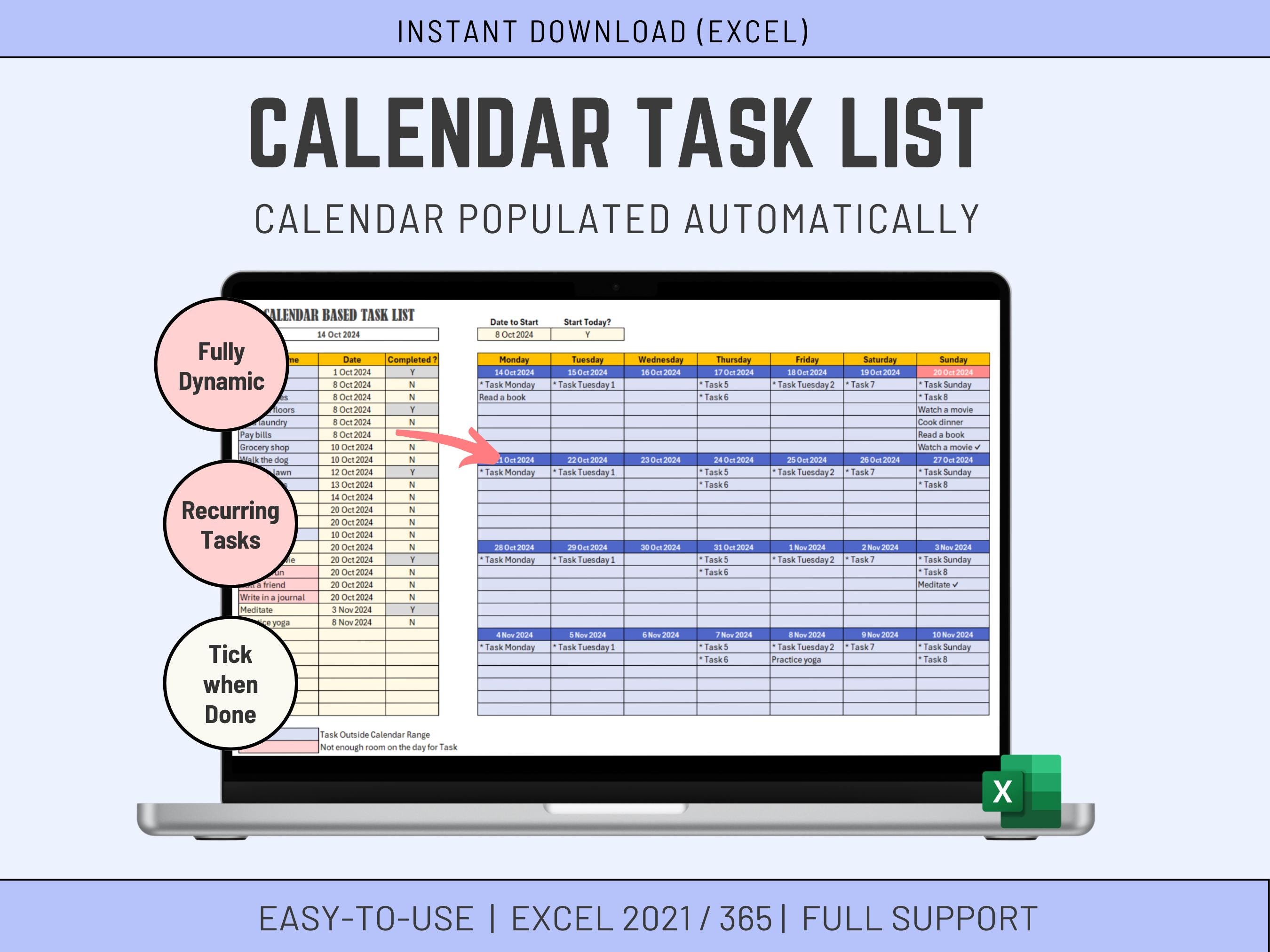 Excel Calendar Based Task List Task Management Automated Download Template Task Tracker And
