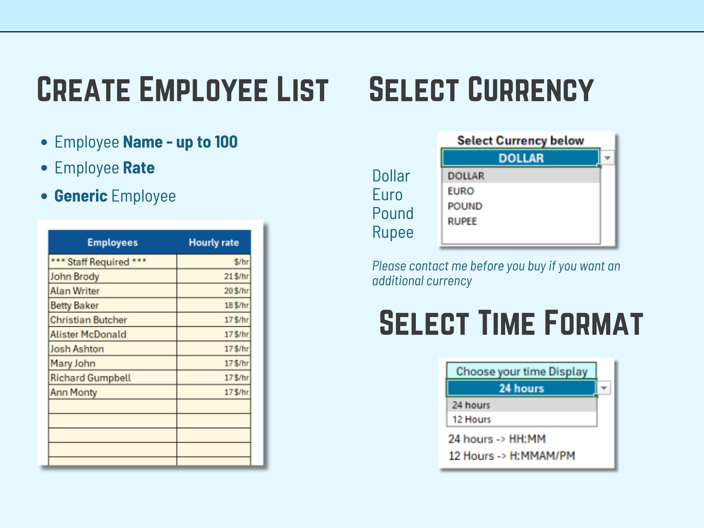 Excel Roster Management Template: Shifts, Employee List and Cost/rates ...