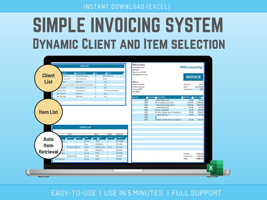 Excel Invoice Template: Client & Product List, Small Business ...