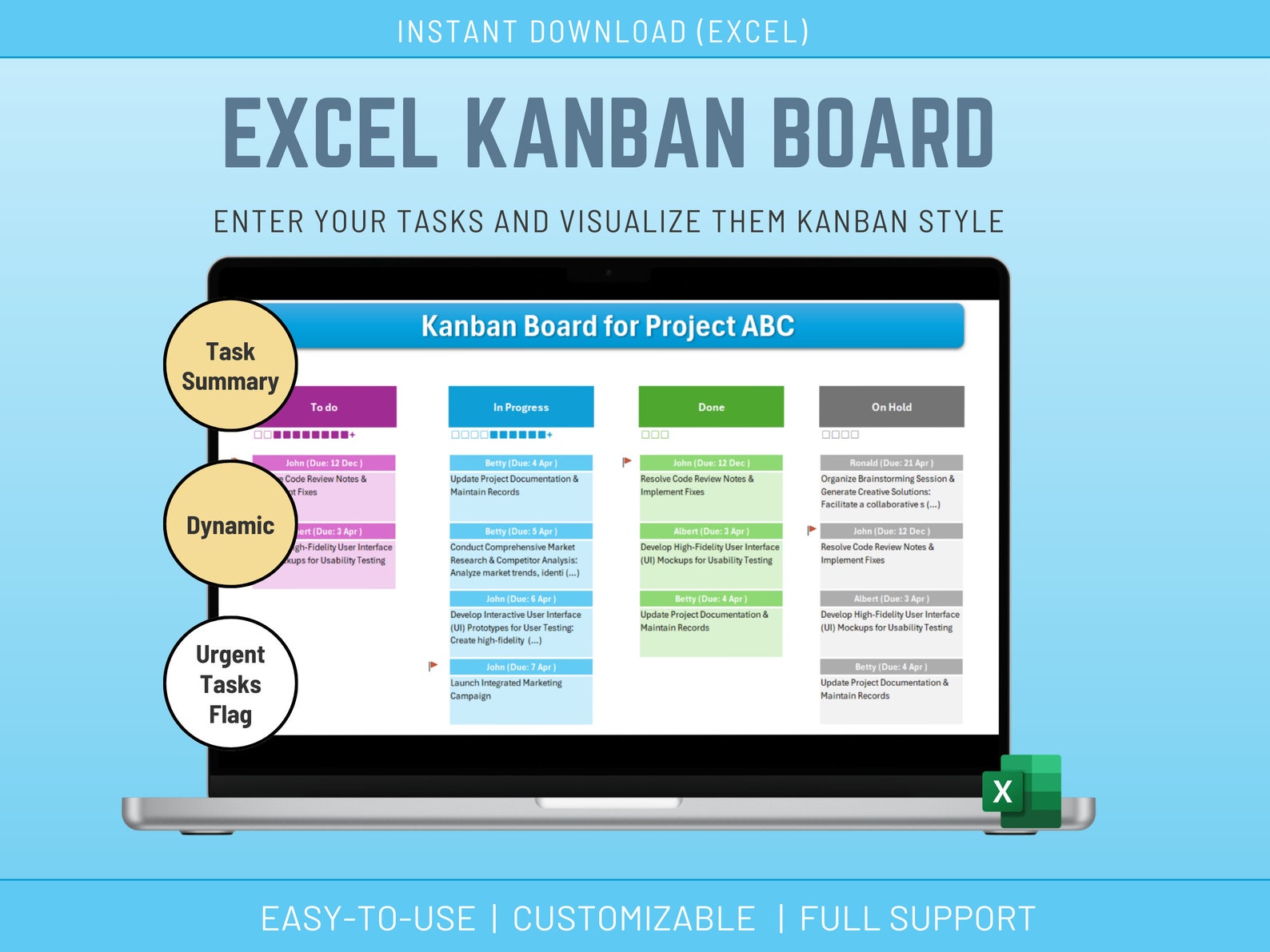 Excel Kanban Board, Task Board, Excel Task List and Tracking, Project ...