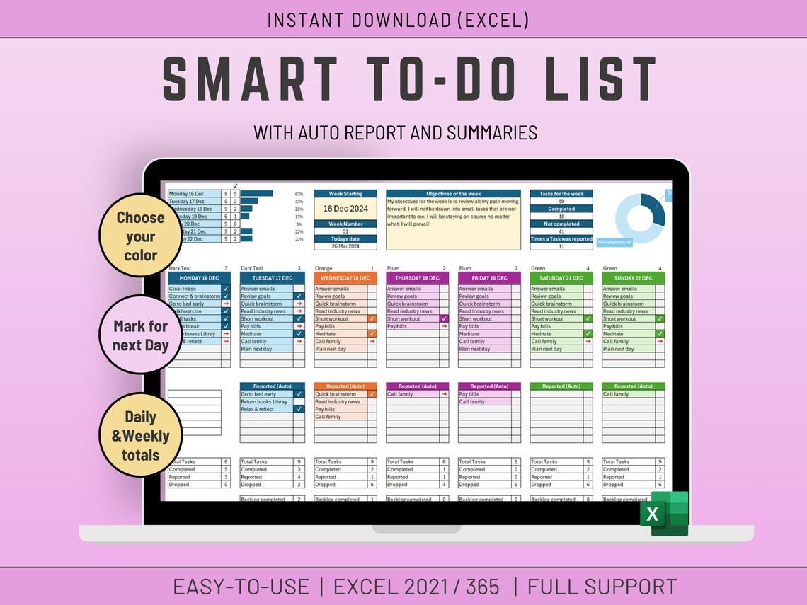 Weekly To-do List With Automated Backlog in Excel Planner Weekly ...