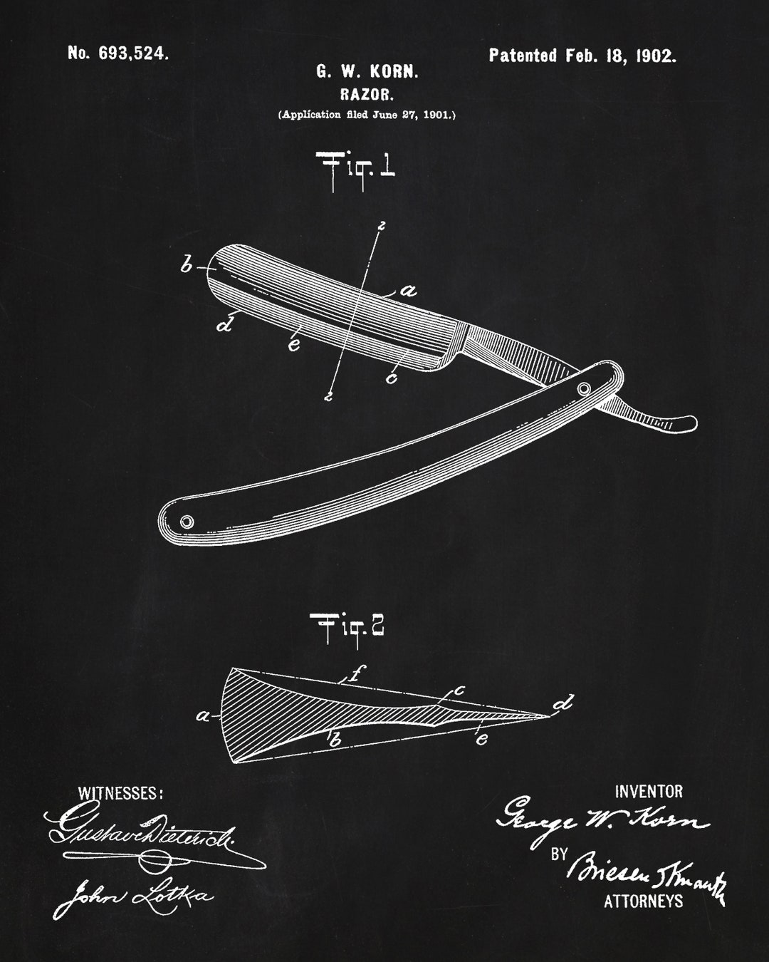 1902 Razor Patent Print, Occupational, Barbershop Wall Art, Man Cave ...