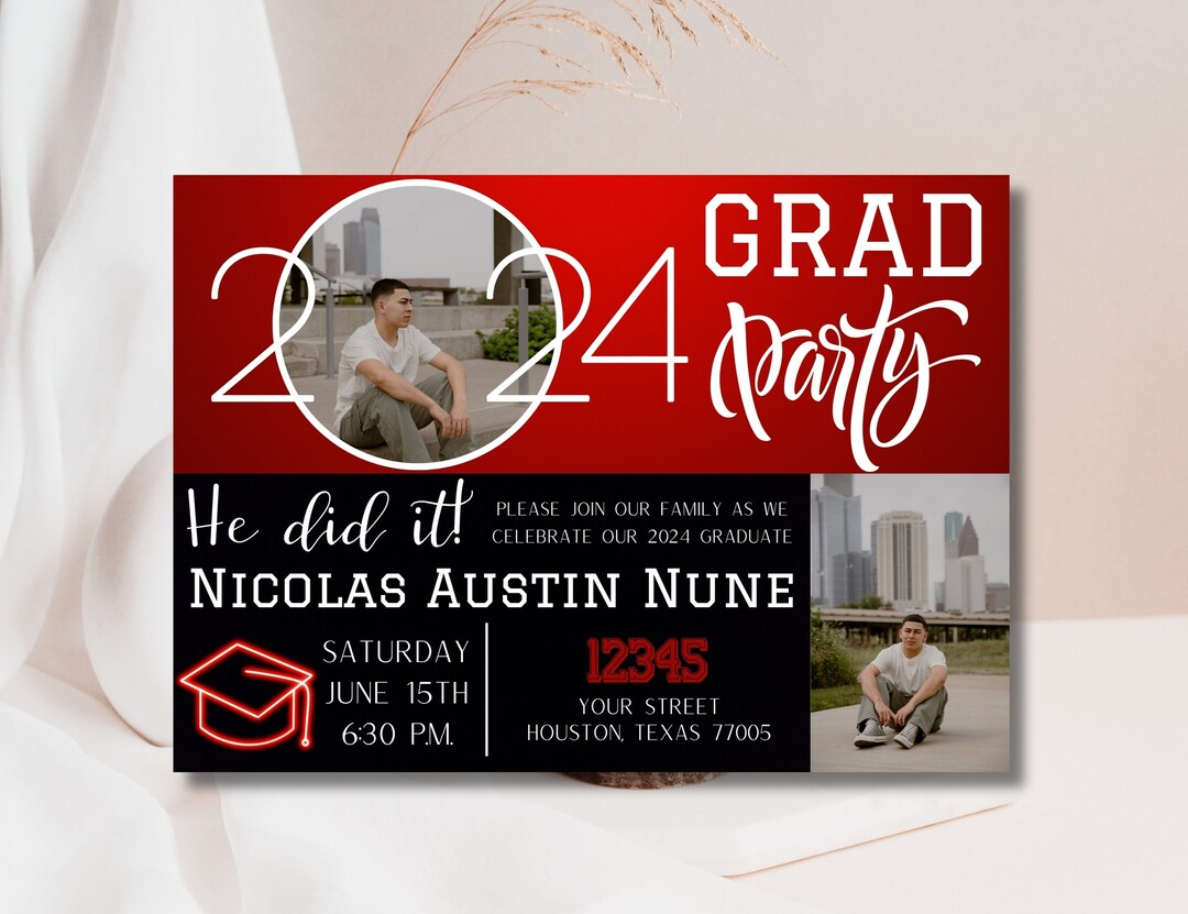 Graduation Invite 2024 Digital Template, Modern Grad Invitation Red ...