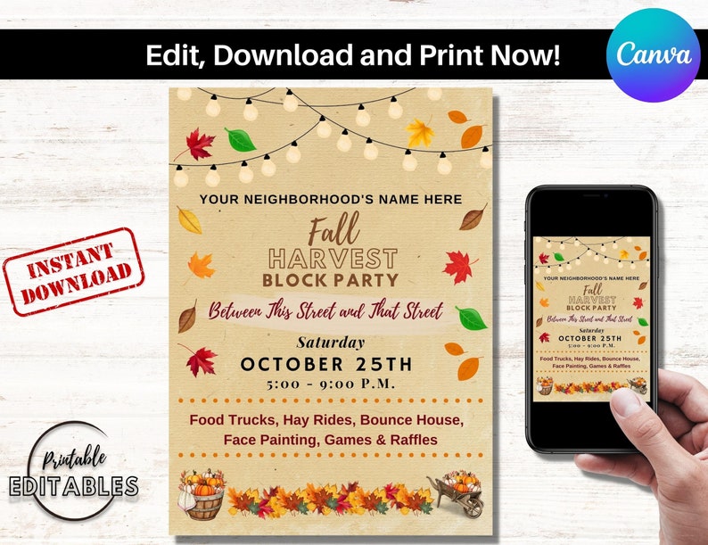 Editable Fall Block Party Invitation, Fall Harvest Template, Fall Party ...