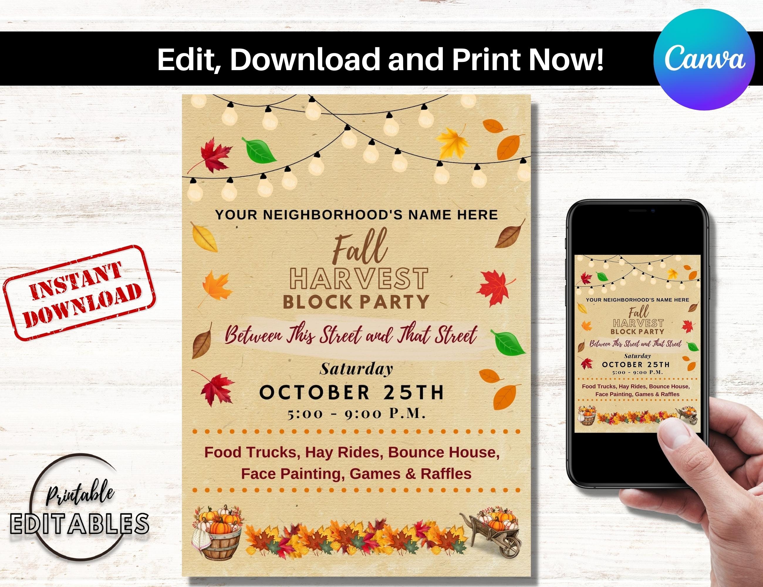Editable Fall Block Party Invitation, Fall Harvest Template, Fall Party ...