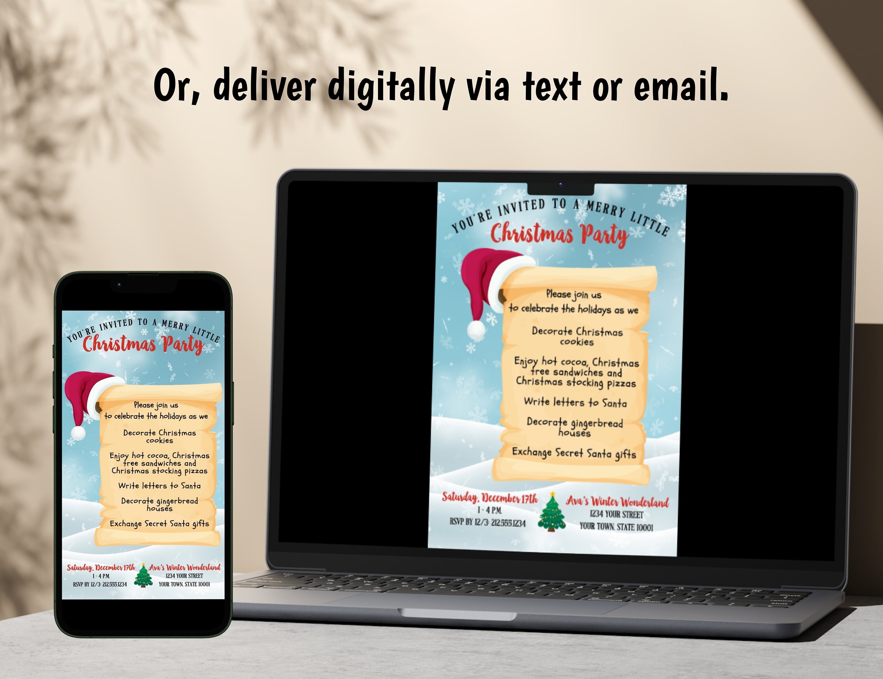 Kids Christmas Party Invitation – Santa Hat Scroll, Editable Template ...