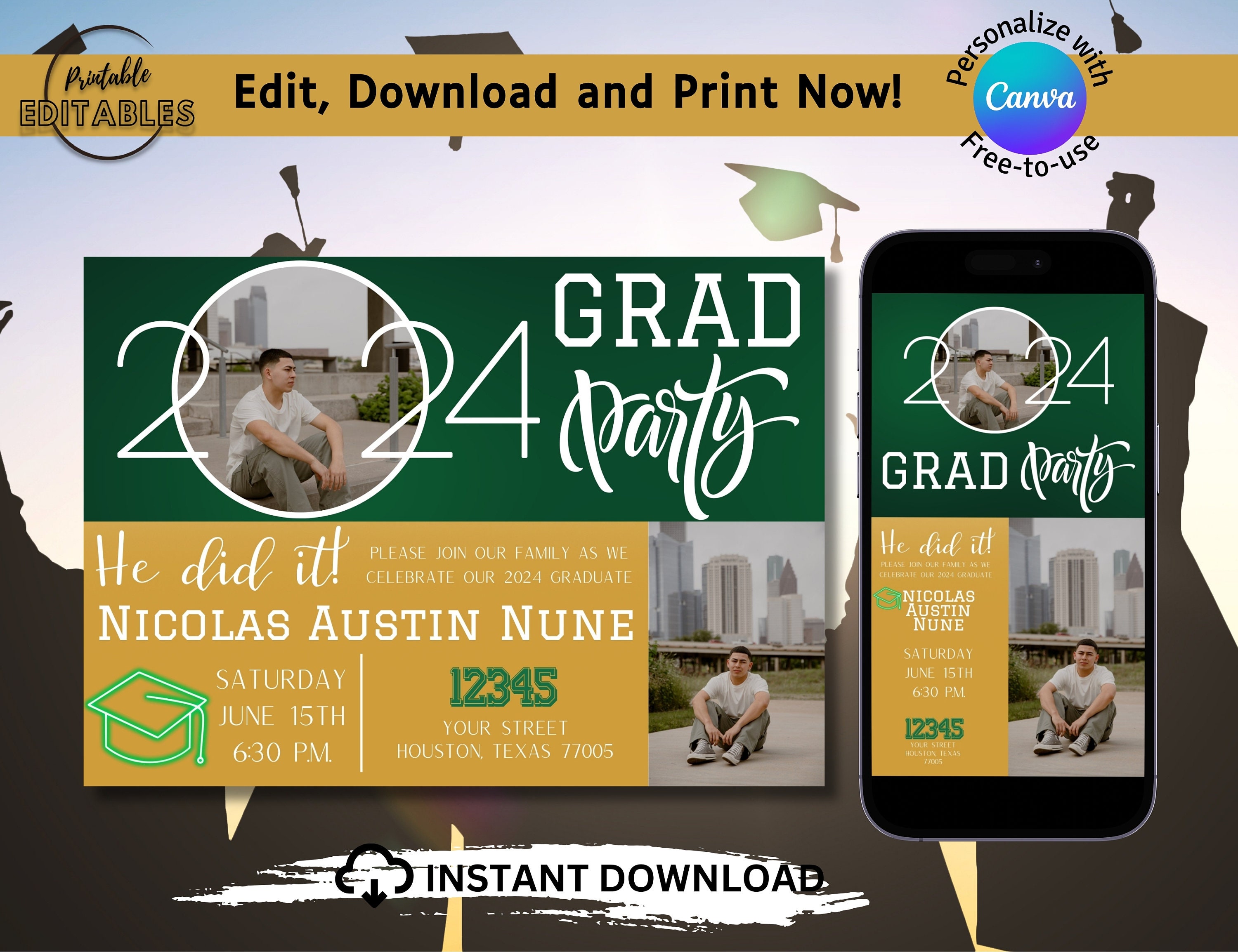 Graduation Invite 2024 Digital Template, Modern Grad Invitation Green ...