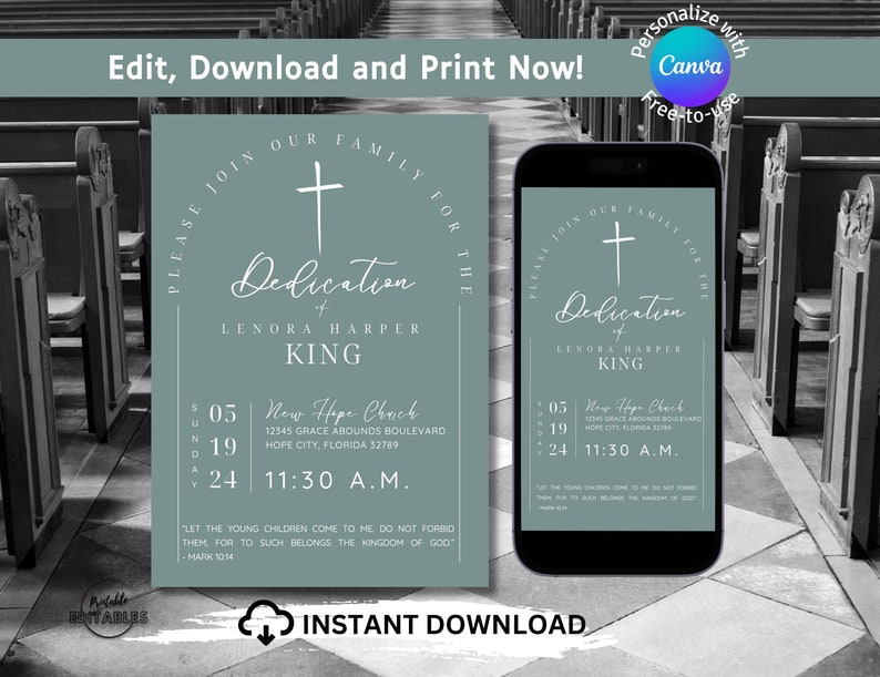 Sage Baby Dedication Invitation – Minimalist Christening Template ...