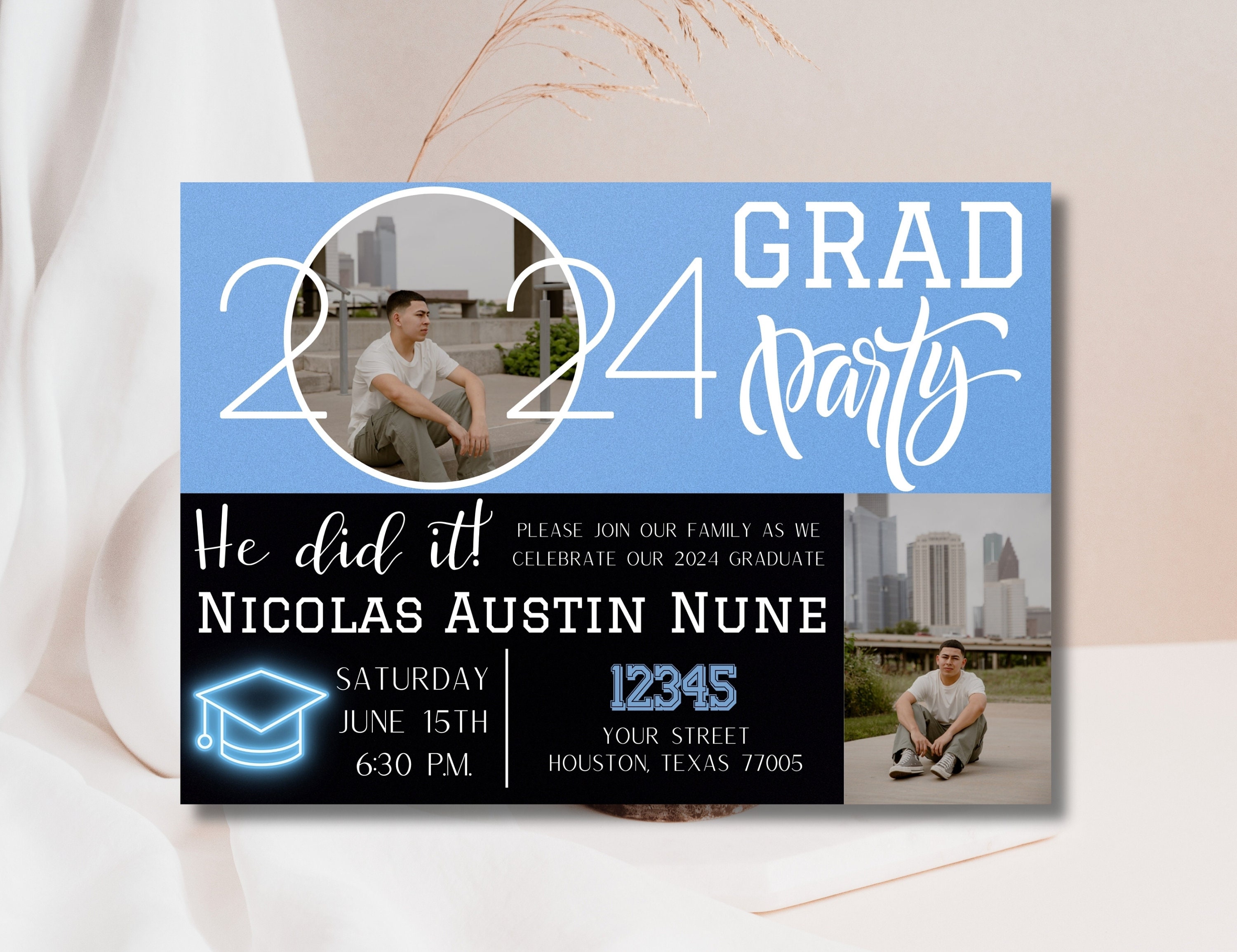 Graduation Invite 2024 Digital Template, Modern Grad Invitation Light ...