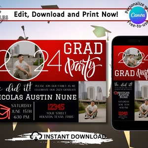 Graduation Invite 2024 Digital Template, Modern Grad Invitation Red ...