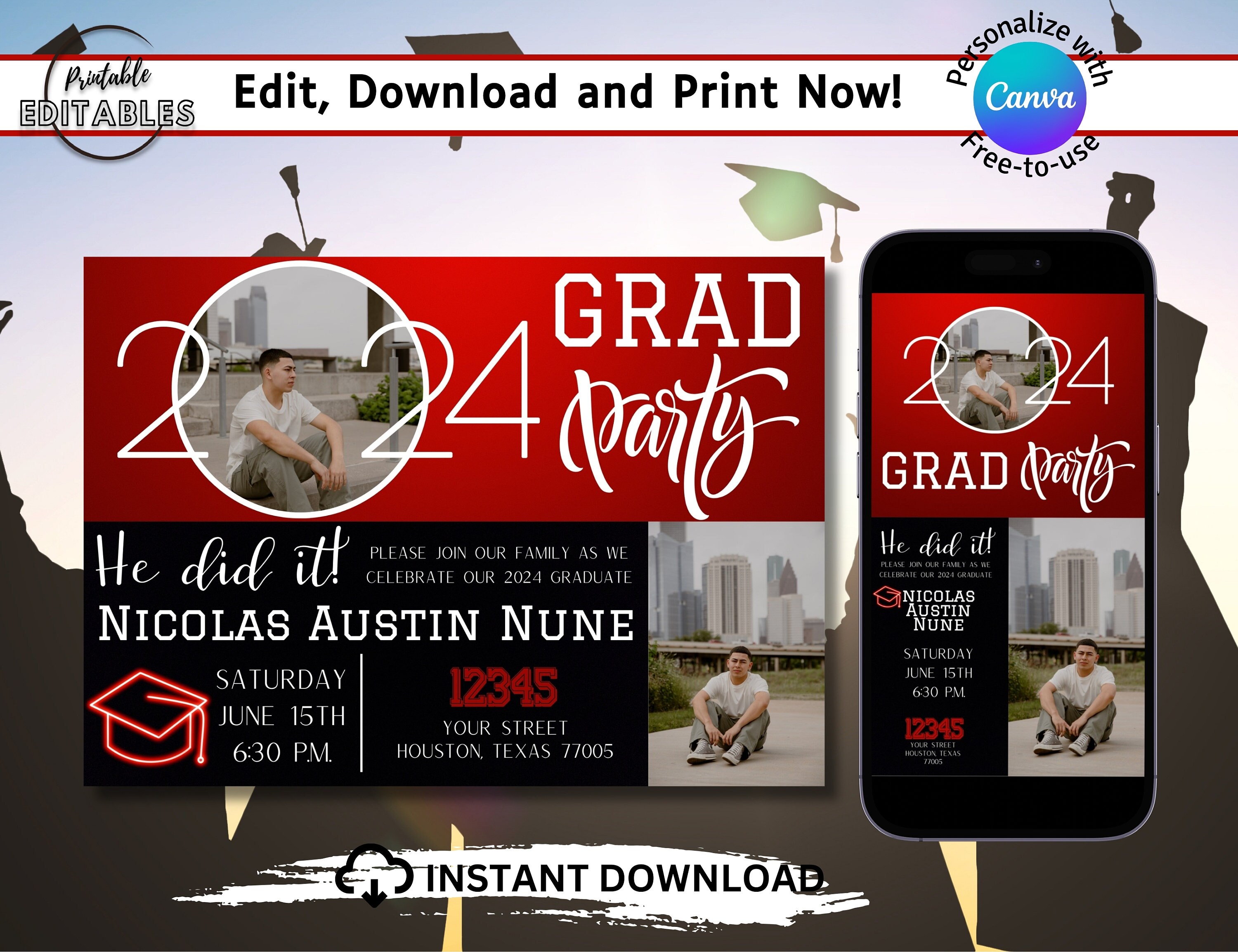 Graduation Invite 2024 Digital Template, Modern Grad Invitation Red ...