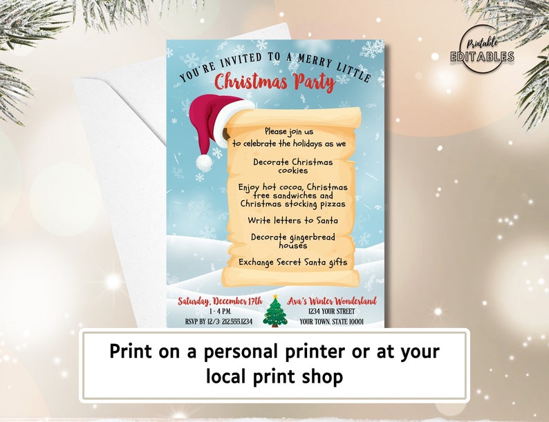Kids Christmas Party Invitation – Santa Hat Scroll, Editable Template ...