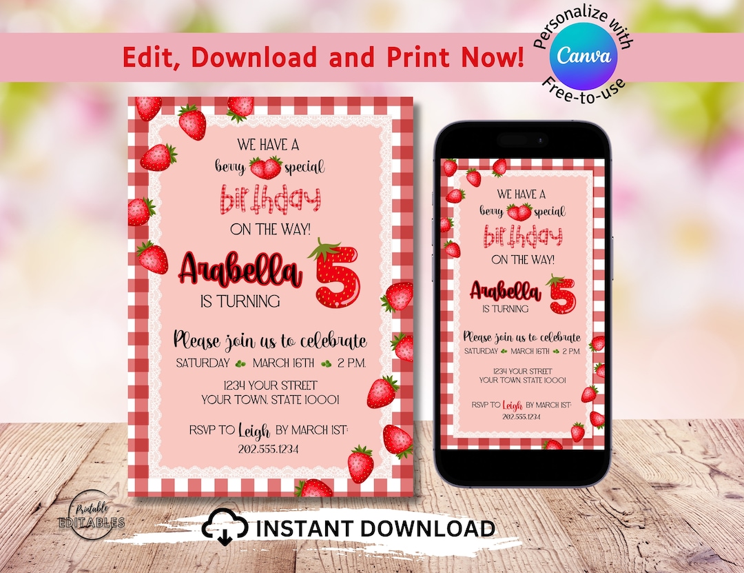 Berry Sweet 5th Birthday Invitation - EDITABLE - Strawberry Birthday ...