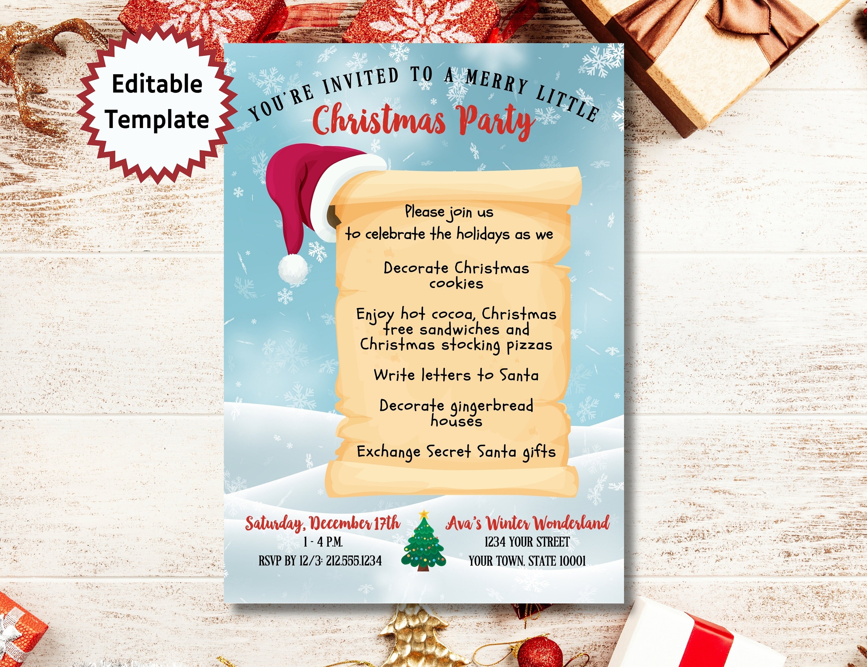 Kids Christmas Party Invitation – Santa Hat Scroll, Editable Template ...