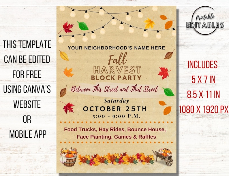 Editable Fall Block Party Invitation, Fall Harvest Template, Fall Party ...