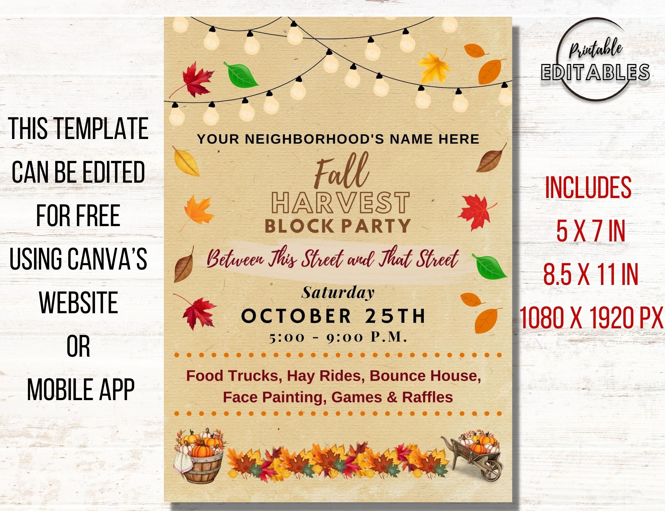 Editable Fall Block Party Invitation, Fall Harvest Template, Fall Party ...