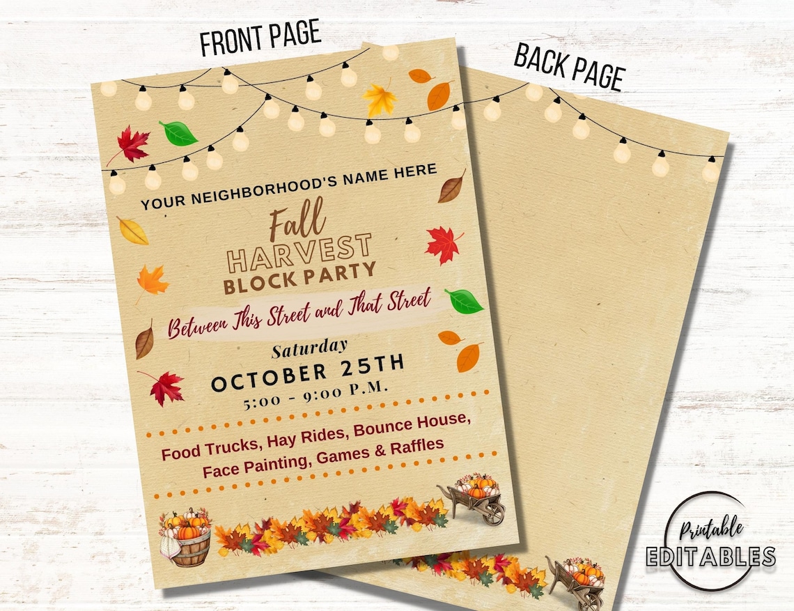 Editable Fall Block Party Invitation Fall Harvest Template - Etsy