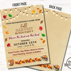 Editable Fall Block Party Invitation, Fall Harvest Template, Fall Party ...