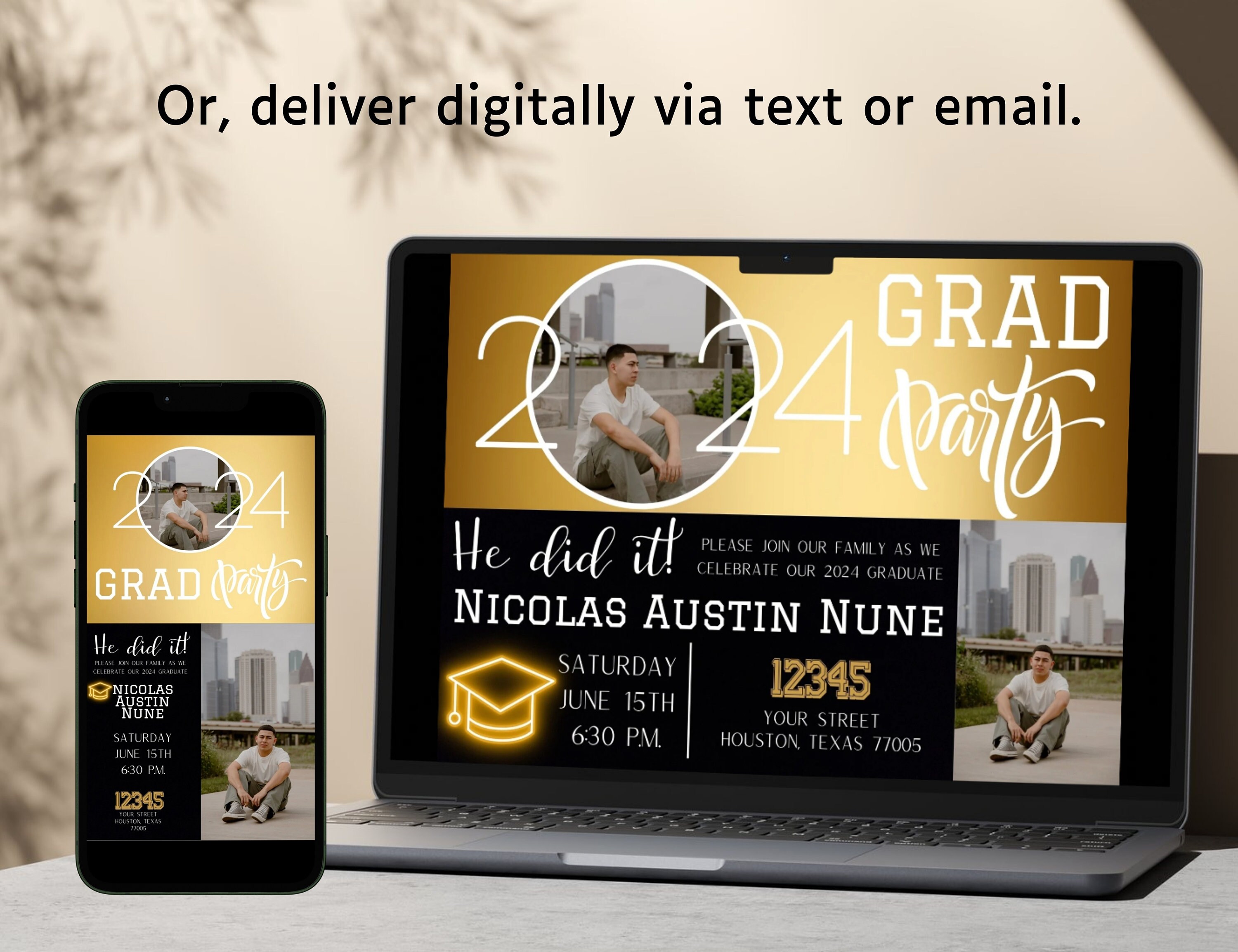 Modern 2024 Graduation Invitation, Yellow Gold Template (digital ...