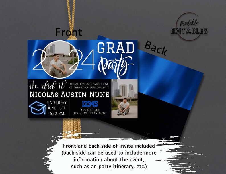 Modern Graduation Invitation Template, Blue Grad Announcement (digital ...