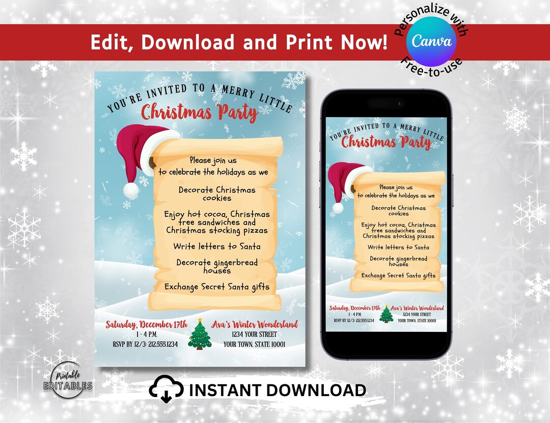 Kids Christmas Party Invitation – Santa Hat Scroll, Editable Template ...