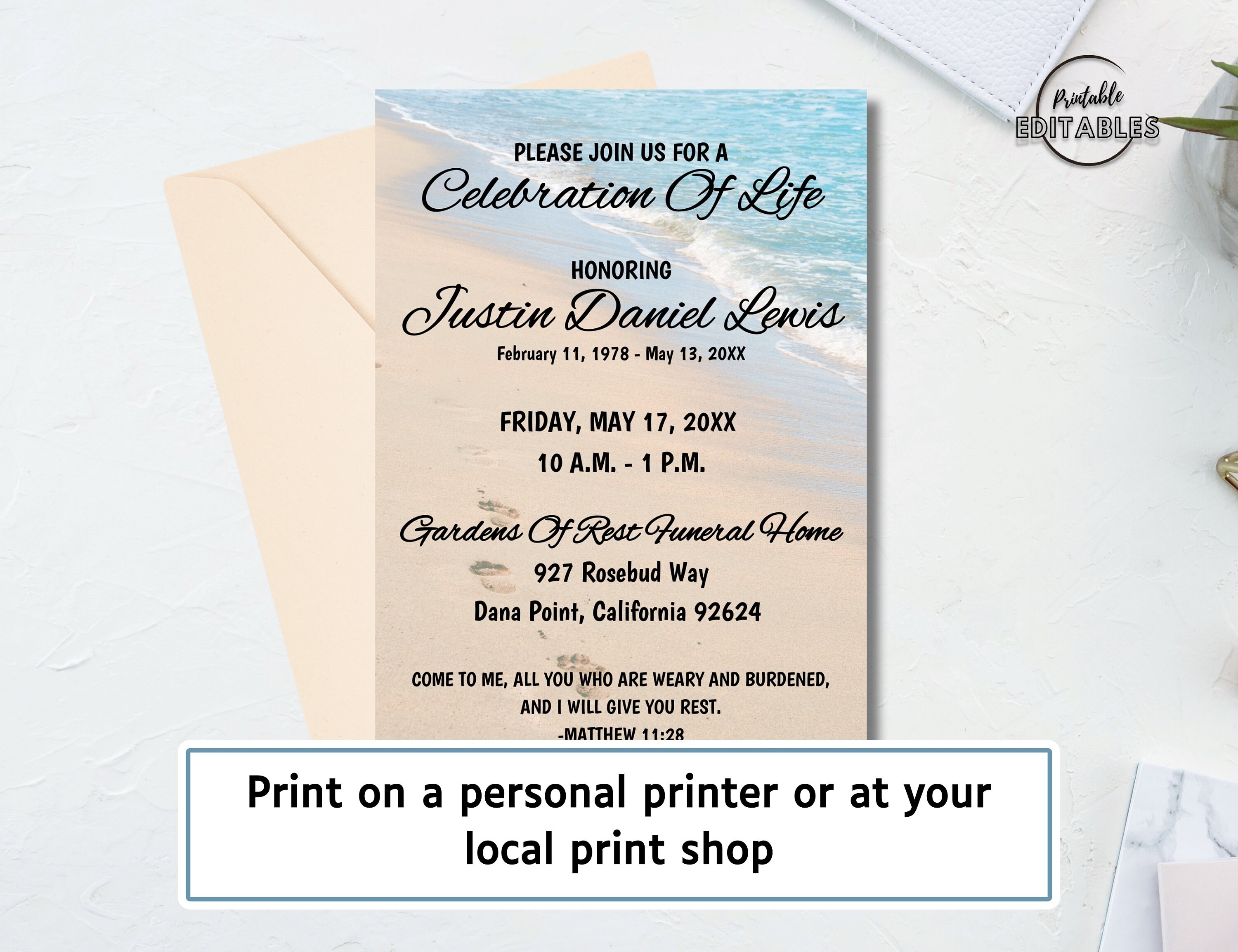 Editable Celebration of Life/funeral Invitation, Footprints in the Sand ...