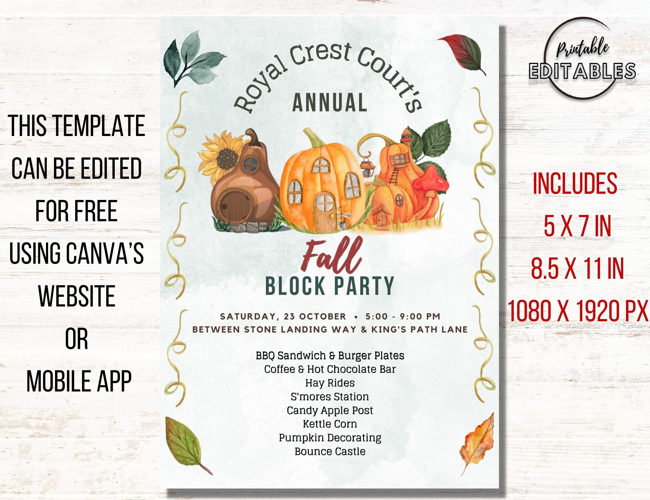 Editable Fall Block Party Invitation, Fall Harvest Template, Fall Party ...