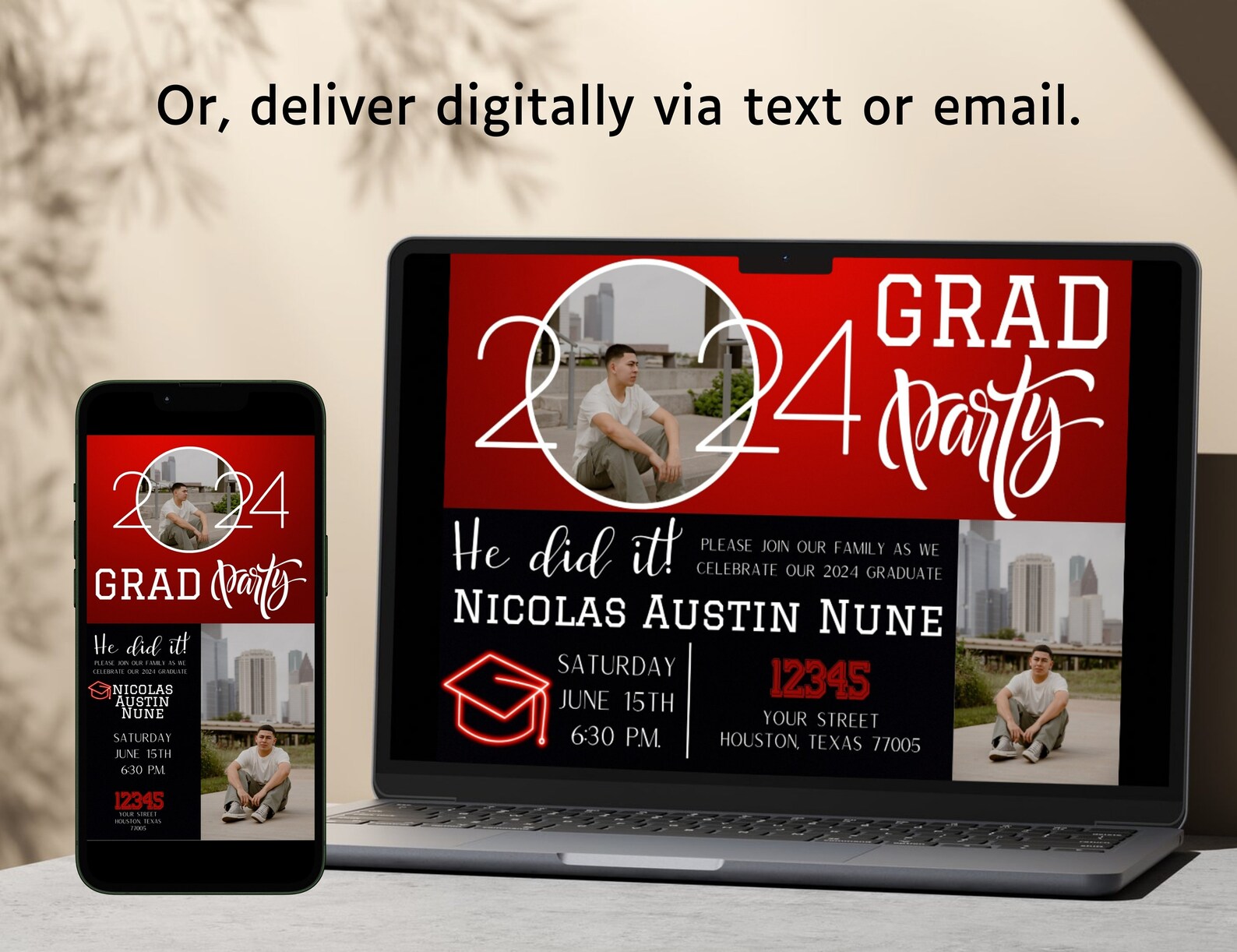 Graduation Invite 2024 Digital Template, Modern Grad Invitation Red ...