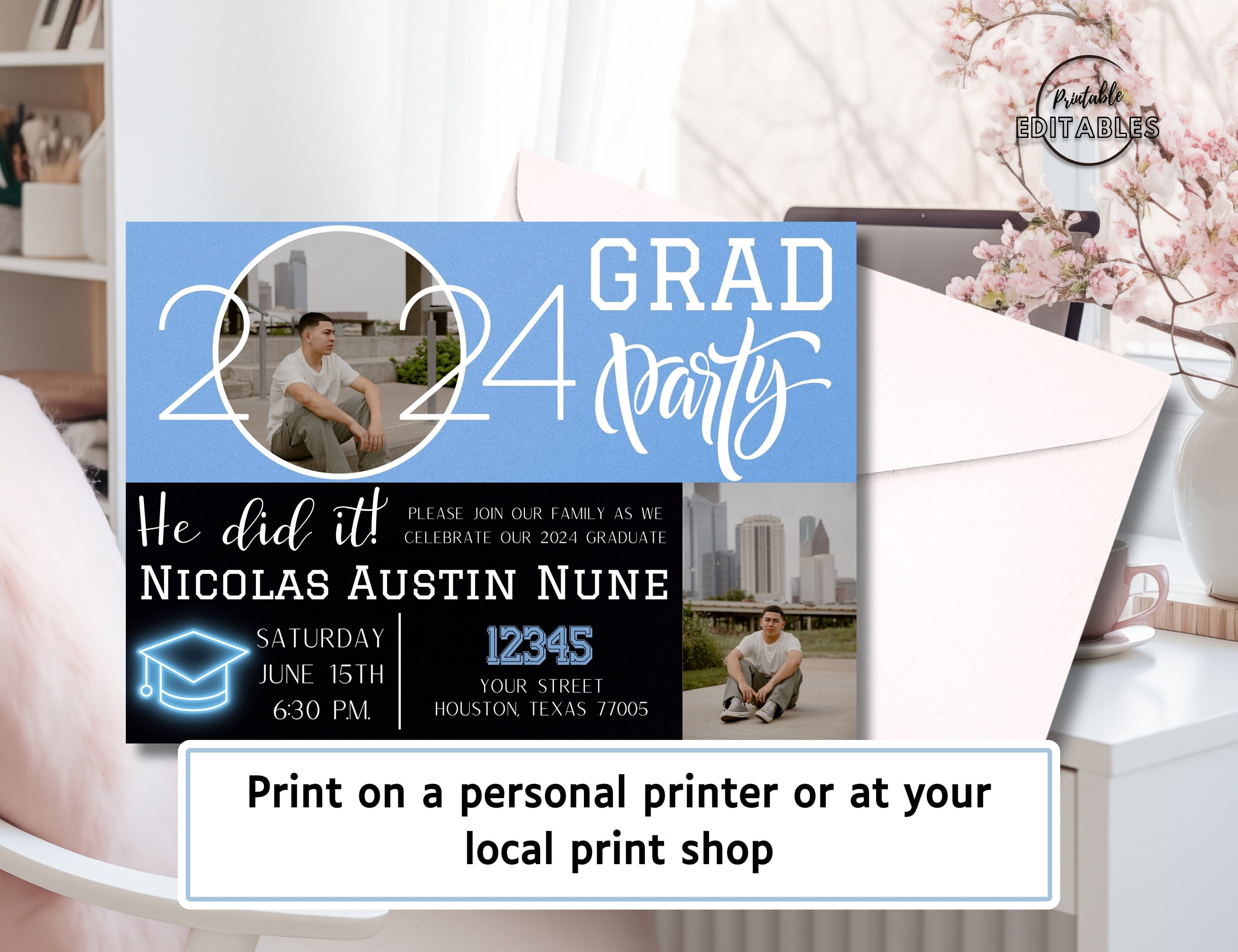 Graduation Invite 2024 Digital Template, Modern Grad Invitation Light ...