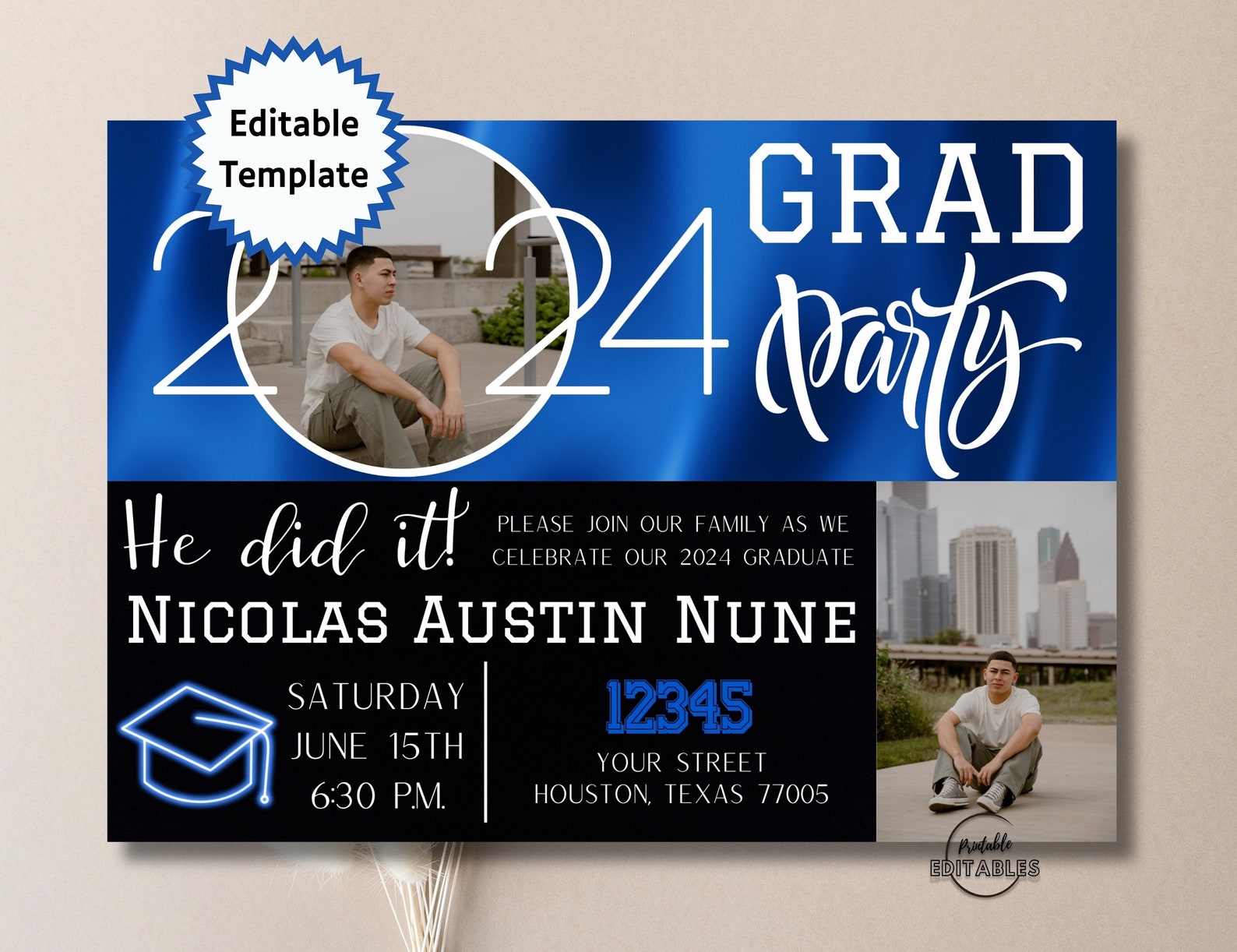 Modern Graduation Invitation Template, Blue Grad Announcement (digital ...