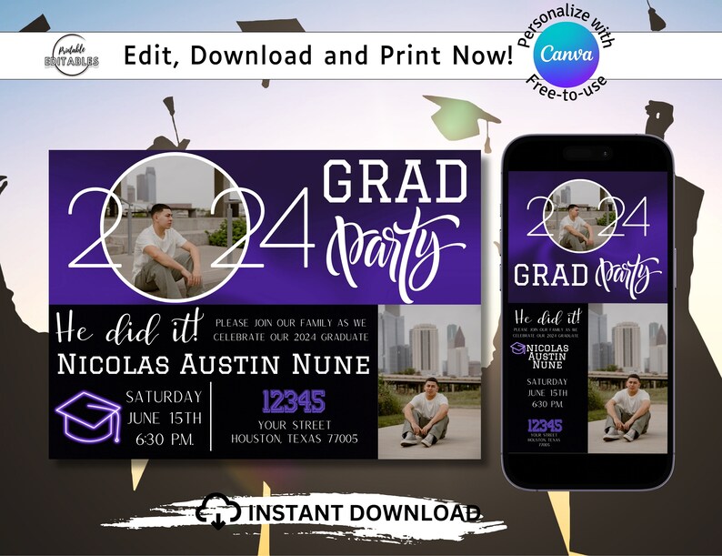 Graduation Invite 2024 Digital Template, Modern Grad Invitation Purple ...