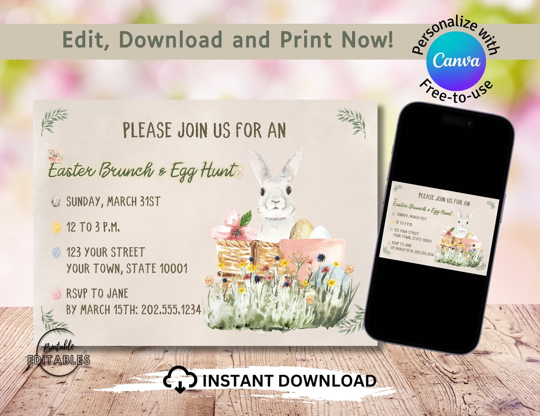 Easter Brunch & Egg Hunt Invitation - Natural Watercolor (editable ...