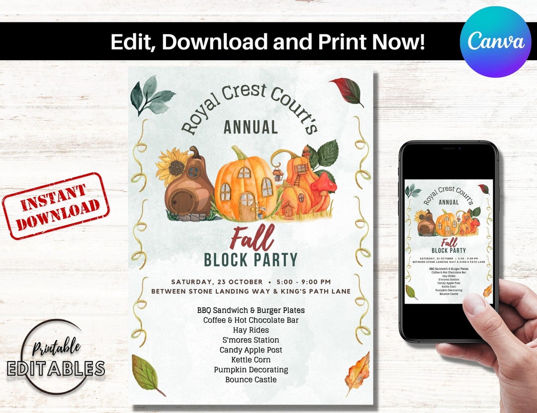 Editable Fall Block Party Invitation, Fall Harvest Template, Fall Party ...